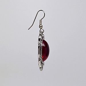 Gothic Blood Red Cabochon Dangle Earrings In Silver Finish Pewter Frame