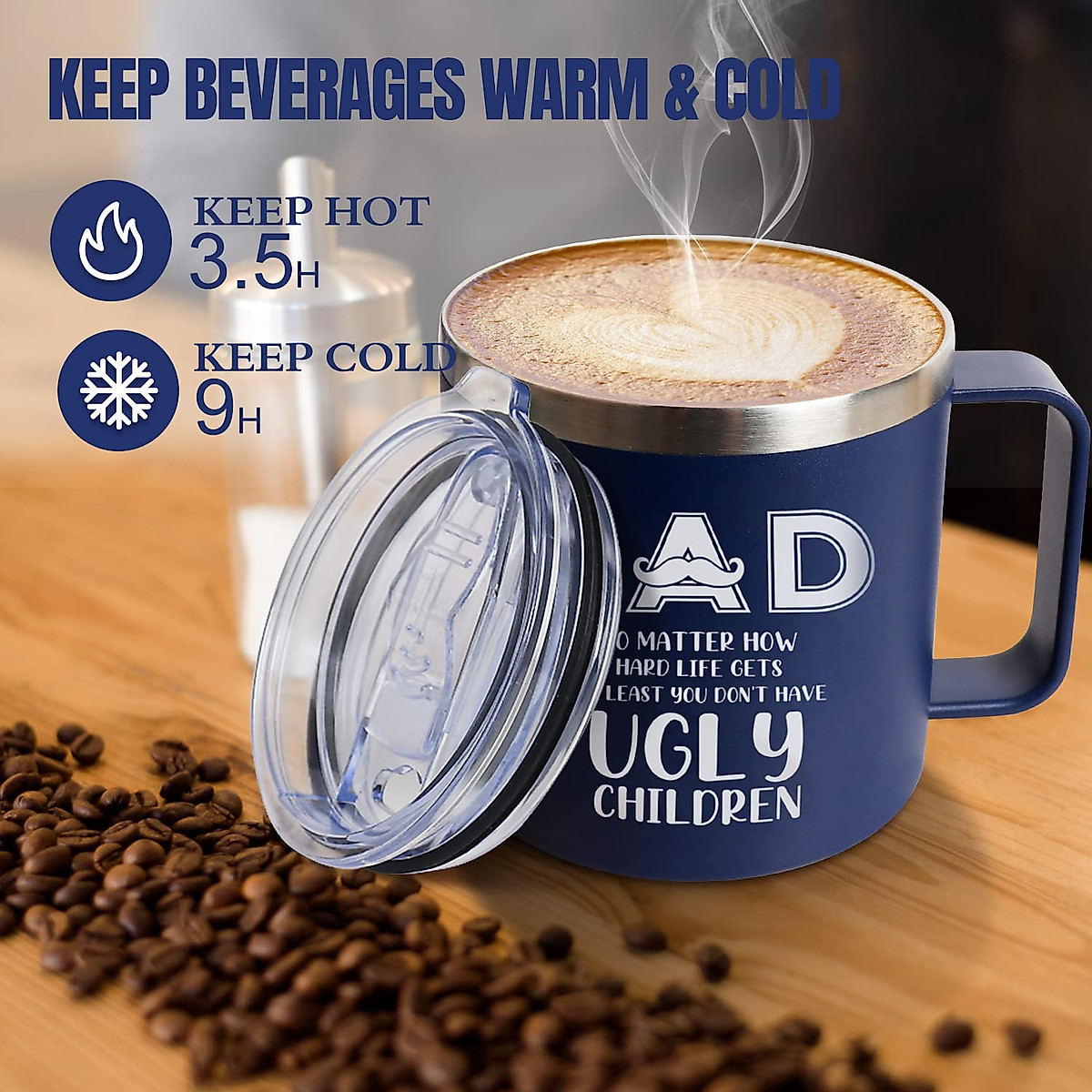 Frerdui Father Gifts Dad Insulated Tumbler Mug with Handle & Lid from Daughter Son Wife, Birthday Coffee Cup Presents, Best Ever, Husband, Men, Father-in-Law, Funny Retirement Gift - 14oz, Navy