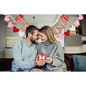 Valentines Day Burlap Banner, Valentines Decor for Home, Be Mine Hanging Banner & 28 Pcs Felt Heart Garland Banner Decor for Mantle Fireplace Wall, Decorations Pre-Assembled - No DIY Required