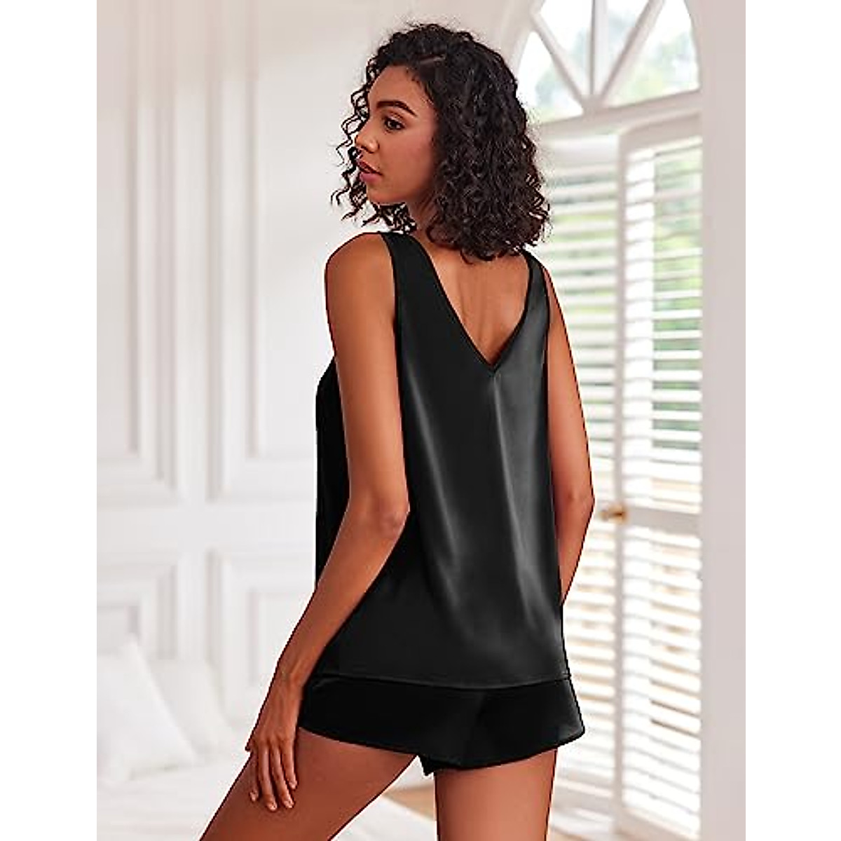 Ekouaer Satin Pajamas Womens Pjs Tank Shorts Set Silk Soft Sleepwear V Neck Summer 2 Piece Lounge Set Black,L