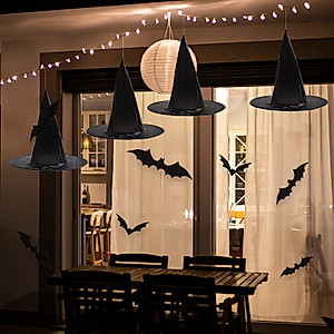 Sumind 20 Pieces Halloween Decorations Witch Hats Black Hanging Floating Witch Hat Bulk for Women 60 Pieces 3D Bat Stickers Wall Decal with 98 Feet Hanging Rope for Halloween Party Favor Decoration