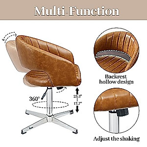 Volans Mid Century Modern Desk Chair Swivel Office Chair No Wheels, Vintage Faux Leather Swivel Desk Chair with Hollow Breathable Back for Small Spaces, Home Office,1 Pcs Brown