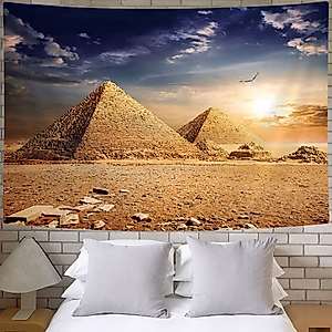 JAWO Egypt Travel Tapestry Wall Hanging, Egyptian Pyramids History in Desert and Flying Eagle Bird Nature Sunshine, Home Decor Tapestries Wall Blanket for Living Room Bedroom Dorm 80 X 60 Inches