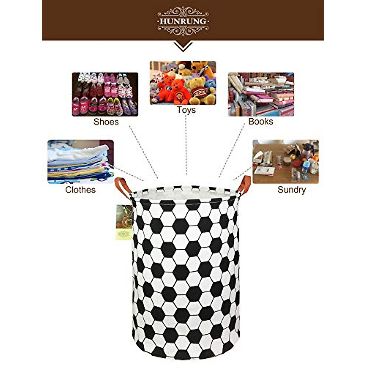 HUNRUNG Laundry Hamper,Large Canvas Fabric Lightweight Storage Basket Toy Organizer Dirty Clothes Collapsible Waterproof for College Dorms, Children Bedroom,Bathroom（Roud-Football）