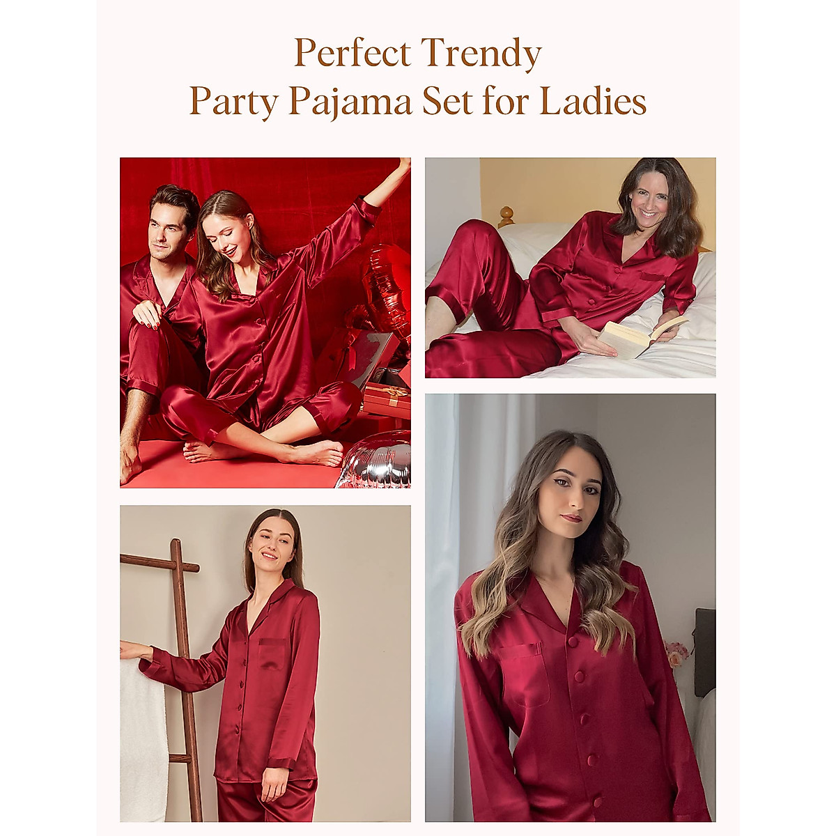 LilySilk Silk Pajamas for Women Button Up Pajamas Set for Ladies Girls Soft Maternity Pajamas Birthday Bridal Party Gift for Christmas Anniversary Valentine's day, Claret L