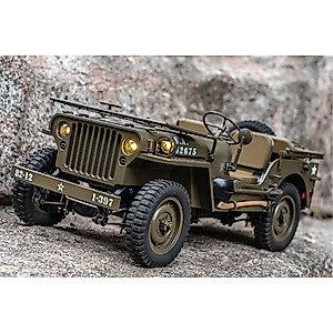 FMS Rochobby RC Car 112 1941 MB Scaler Willys Jeep Remote Control Crawler Military Truck 4x4 Offroad Vehicle with Transmitter Battery and Charger, Small, RC12001RTR Hunter Green