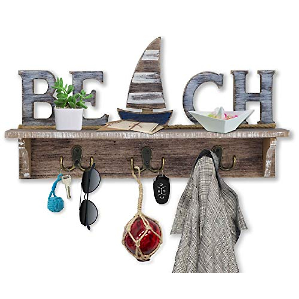 SAILINGSTORY Beach Wall Decor, Beach Sign Key Holder for Wall Mounted Coat Rack with Shelf, Beach Decor Nautical Decor Key Hook for Wall with Shelf