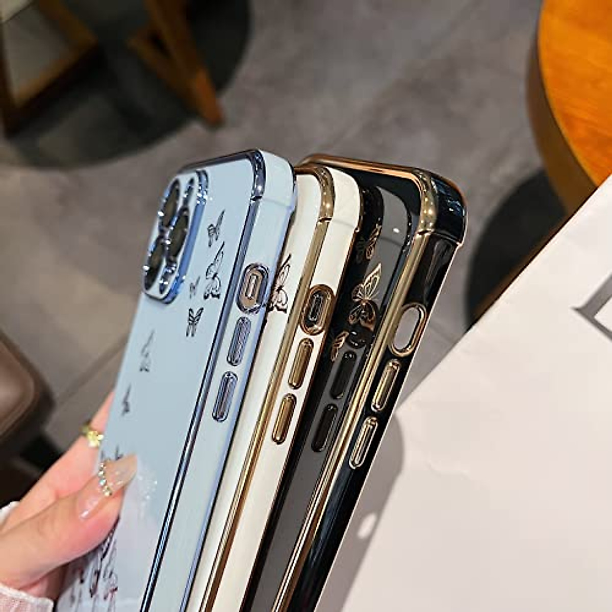 ZTOFERA iPhone 14 Pro Max Case, Electroplated Butterfly Gold Edge, Shockproof Slim TPU Bumper, 6.7" White