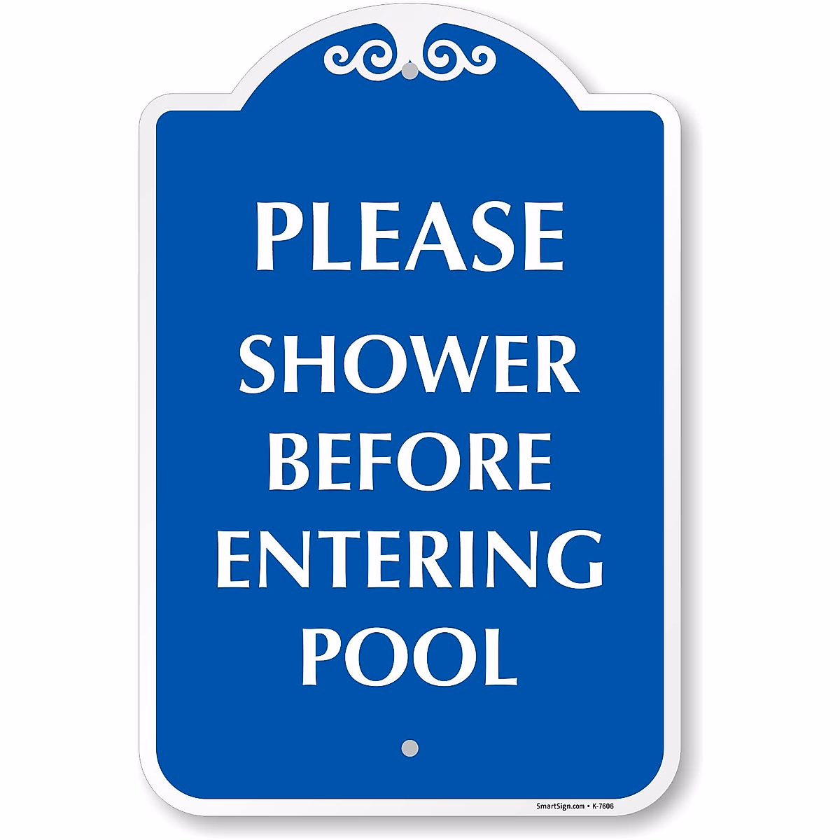 SmartSign Designer “Please Shower Before Entering Pool” Sign, 18 x 12 inch Pool Rule Sign, 120 mil Aluminum Composite (ACM) with Overcoat, Blue/White, Made in USA