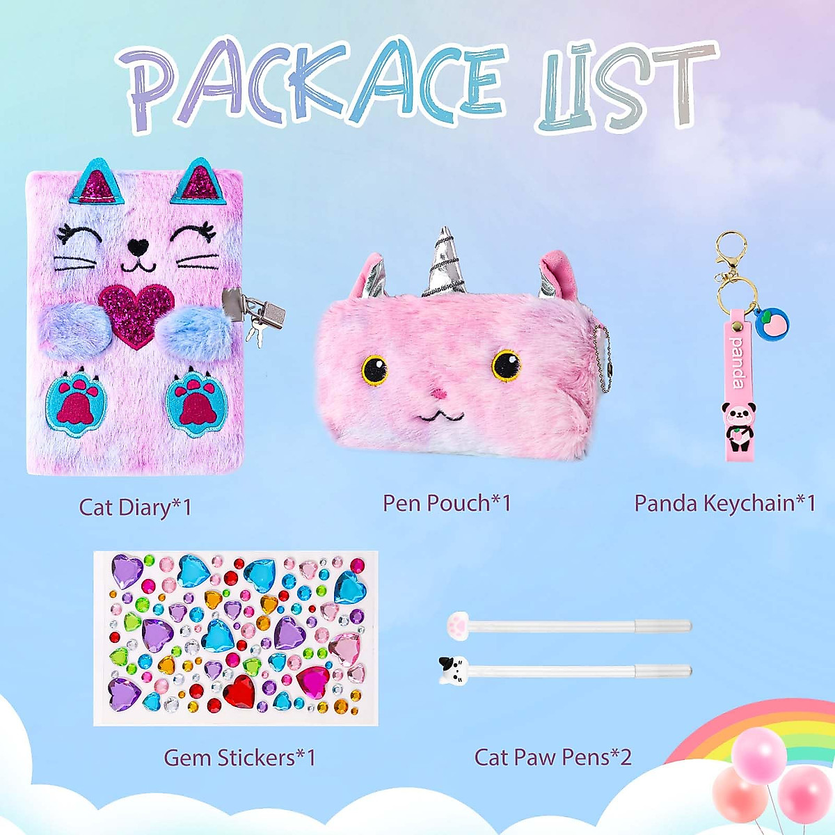 Cat Diary with Lock Gift for 6 7 8 Year Old Girl,Secret Journal Notebook Diary for Girls,Kids Journals for Girls Christmas Gift Set,Secret Diary with Pen Pouch Panda Keychain Cat Paw Pen.