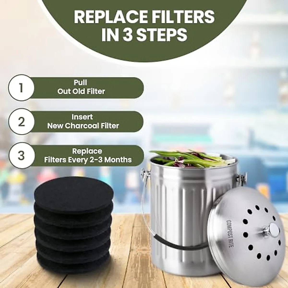 Compost Rite 4 Pack Charcoal Filters for Compost Bucket - Round 7.25 inch Compost Pail Filters, 0.5cm Thick Compost bin Charcoal Filter Replacement, Cutting Template Unisize Composting Bins