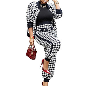 SOMTHRON Women’s Houndstooth Print 2 Piece Outfit Zip Up Long Sleeve Jacket Elastic High Waist Long Pants Set Work Suits Tracksuit BL-L