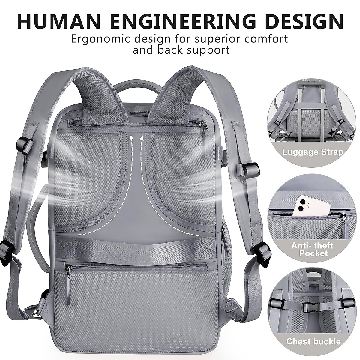 Snoffic Travel Backpack Men Women, Carry-ons Backpack Personal Item Size, Waterproof College Backpack, Business Work Hiking Casual Daypack Bag, Fits 17.3" Laptop, Dark Grey