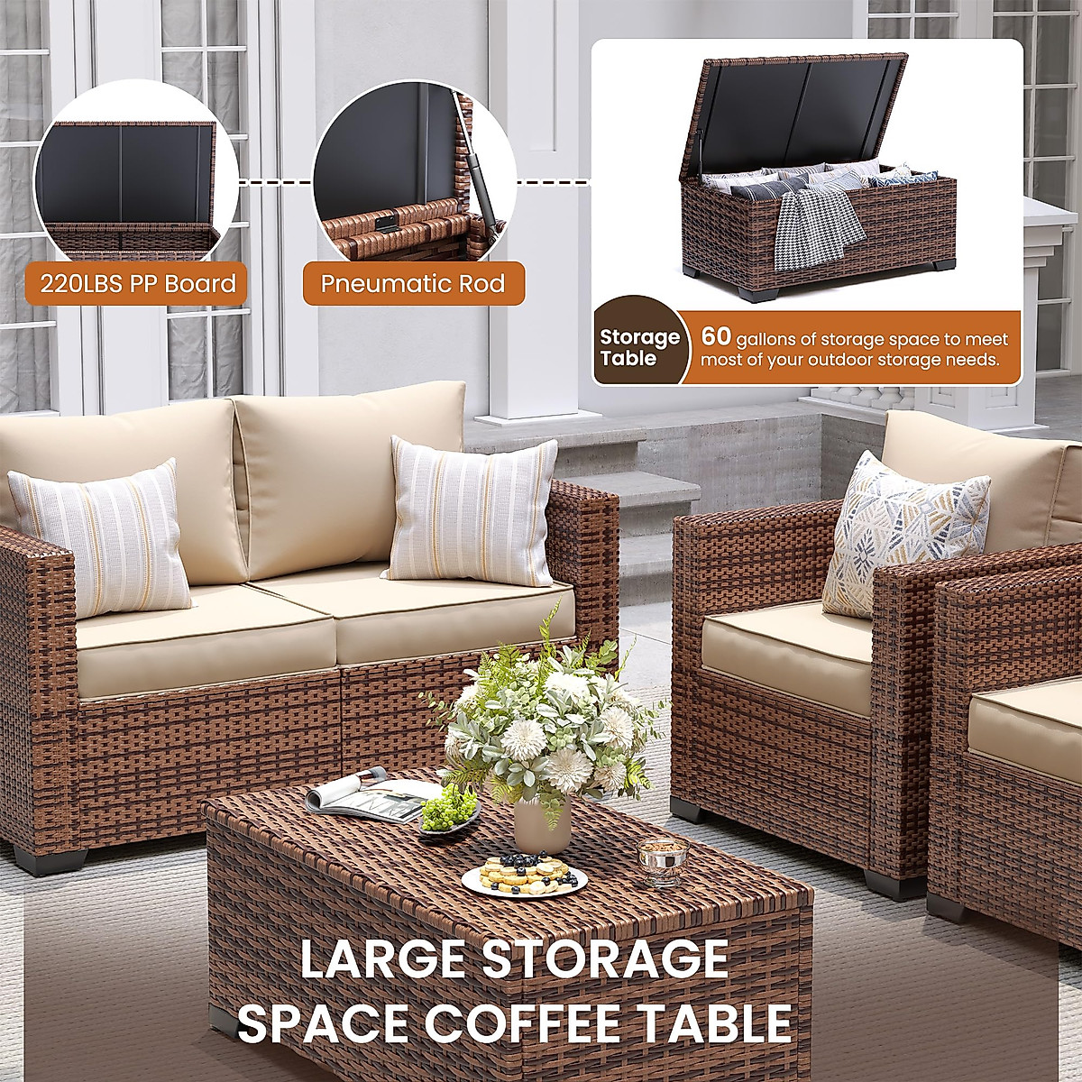 UDPATIO Outdoor Patio Furniture, 4 Pieces Outdoor Sectional Patio Set with Storage Coffee Table and Khaki Cushions, Patio Loveseats Balcony Furniture for Small Space