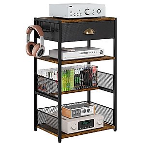 Hongtamoya 4-Tier AV Media Stand with Drawer, Video Game Console Shelf with 2 Hooks, Audio Rack Tower Perfect for/Xbox/ PS5/Switch/Game Consoles/DVD/Record Player/Projector/Sky Box/TV Accessories