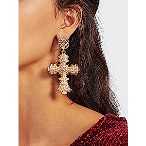 Cross Earrings,Gold Big Baroque Drop Earrings,Rhinestone Large Cross Earrings,Retro Court Earrings for Women Halloween Boho Gifts