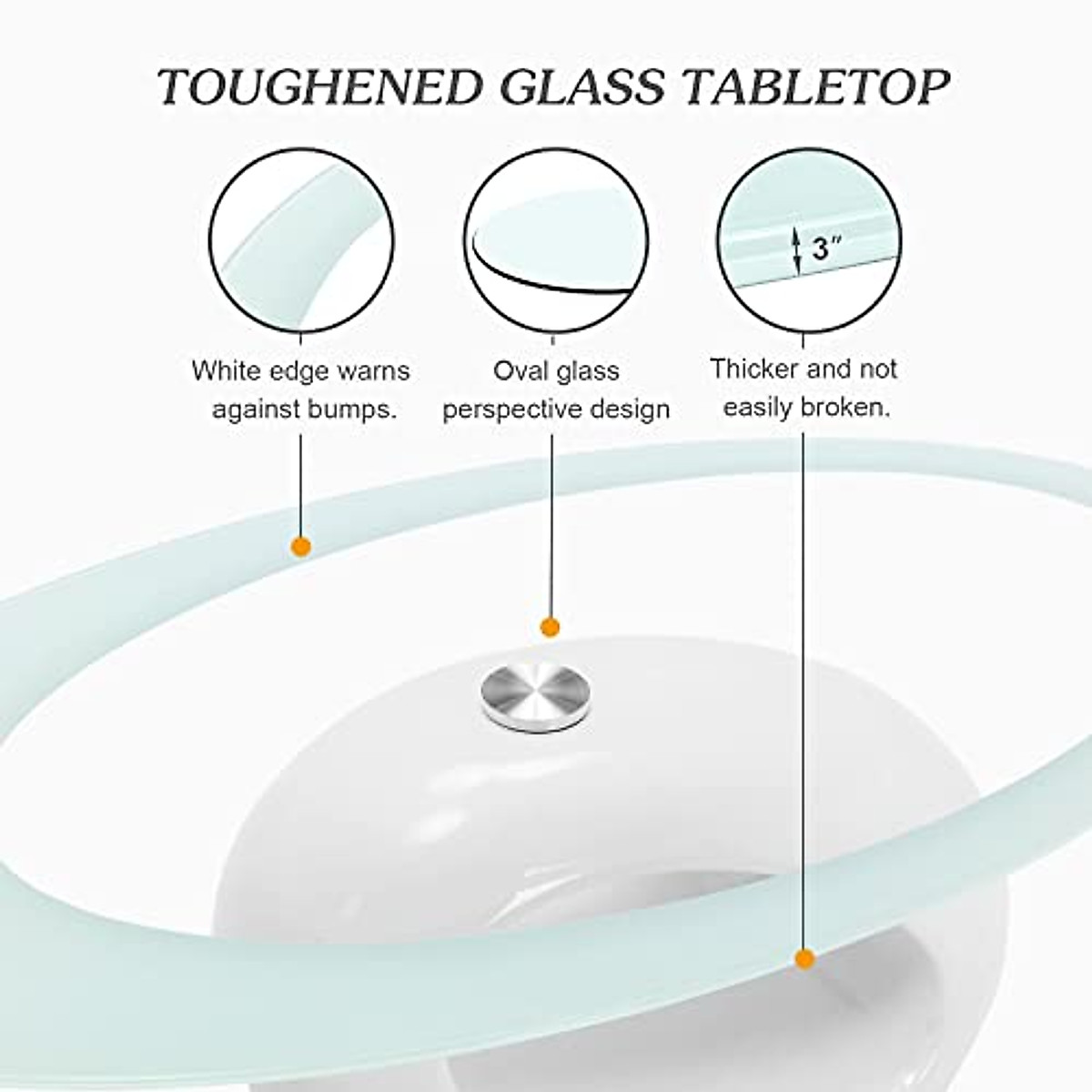 Modern White Glass Coffee Table for Living Room, with Glass Top & Glossy Solid Base for Storage, Sofa Side Central Table, Oval Glass Table Set for Living Room, Sitting Room