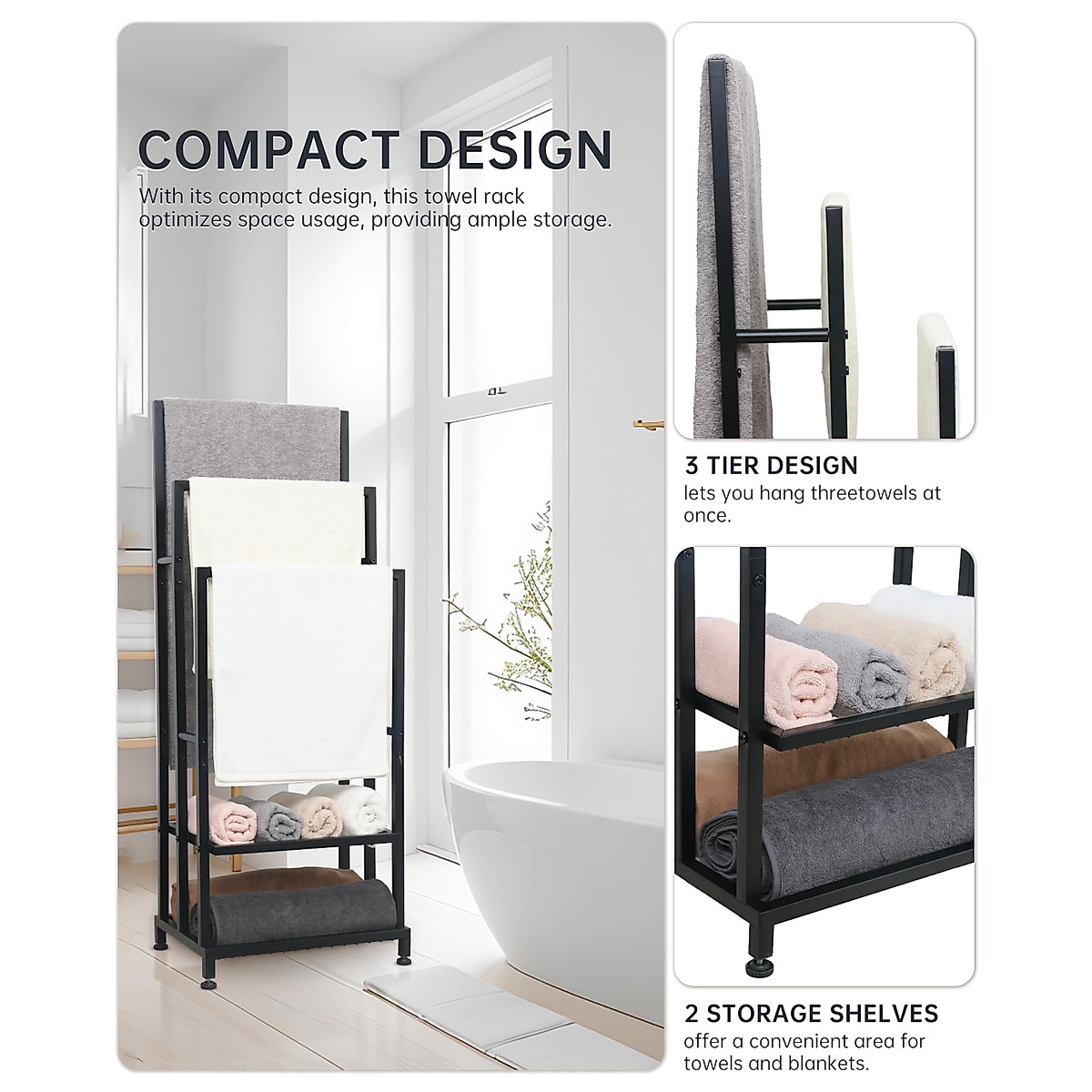 ZOES HOMEWARE 41" H Free Standing Towel Rack for Bathroom | 3 Tier Blanket Rack with 2 Storage Shelves | Anti-Rust Stand Towel Rack for Outdoor,Bathroom,Bath&Pool | Black, 41"x16"x12"
