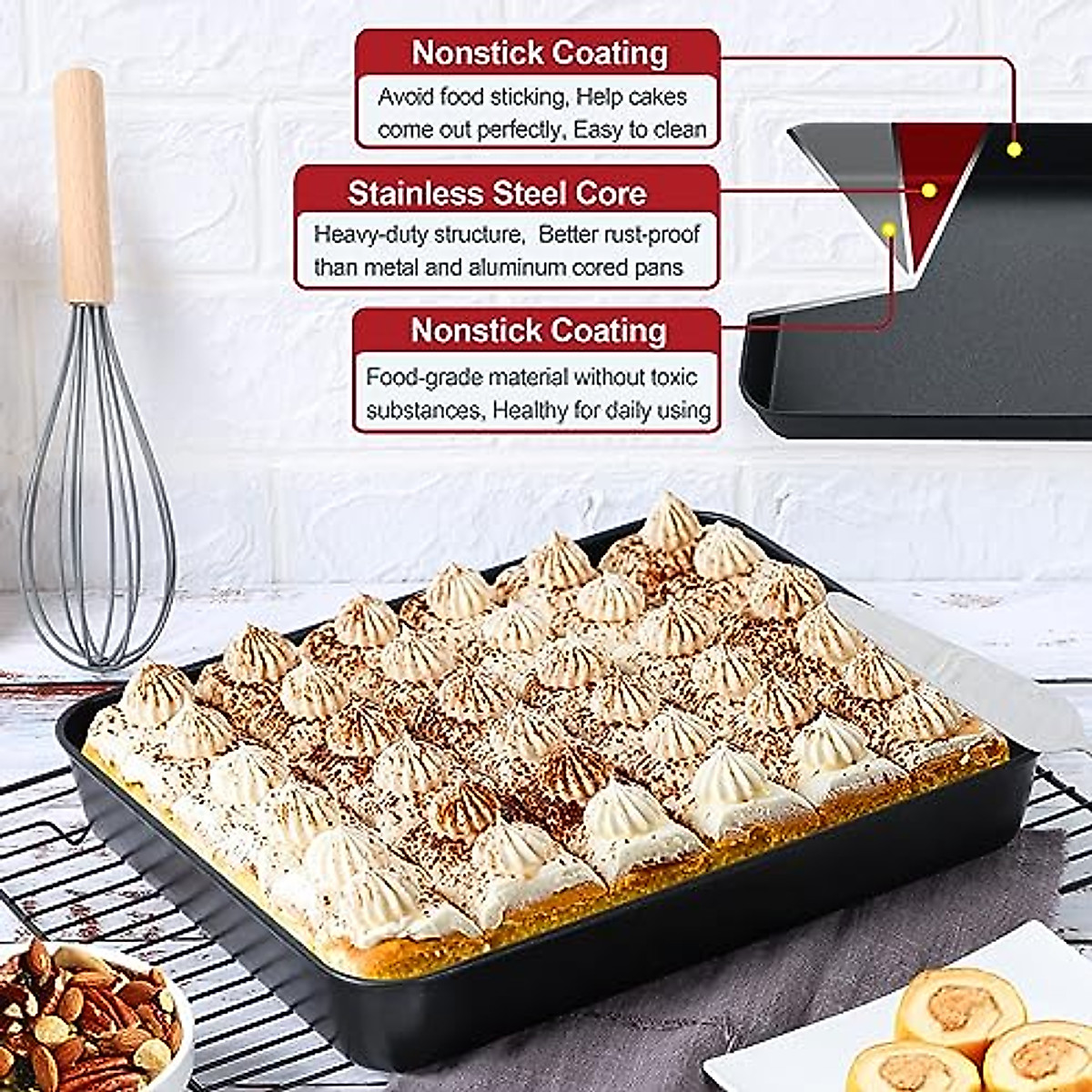 P&P CHEF Baking Pans with Lids Set, 9.7 x 12.5 Inch Rectangular Cake Baking Pan for Lasagna Brownie Bread, Stainless Steel Core & Nonstick Surface, Oven & Freezer Safe, 4Pcs - 2 Pans & 2 Lids