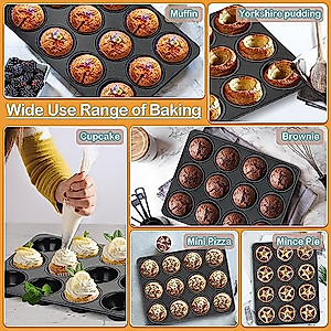 P&P CHEF 12 Cup Muffin Pan, Cupcake Pan, Non-stick Stainless Steel Baking Tin Tray for Mini Muffin Cupcake Tart, Easy Release & Clean, Non-toxic & Durable, Black