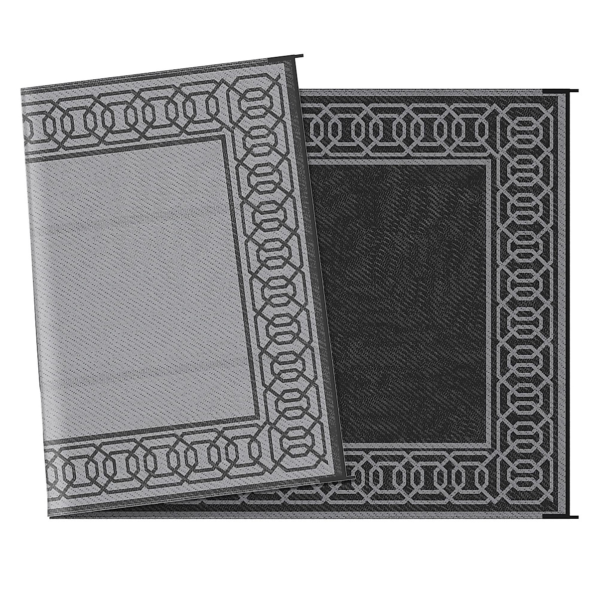 Outsunny Reversible Outdoor Rug, 9' x 18' Waterproof Plastic Straw Floor Mat, Portable RV Camping Carpet with Carry Bag, Large Floor Mat for Backyard, Deck, Picnic, Beach, Black & Gray Border