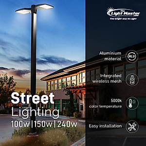 THE LIGHT MASTER – 100W LED Street/Parking Lot Light, 5000 K, 15000 Lumen, Security Light, 150LM/W, [200W-300W HPS Equiv.] 100-277V, Adj Slip Filter Mount, UL/DLC, Waterproof, 5 Yr Warrant