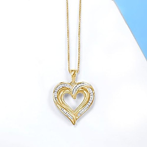 Jewelili Womens Heart Yellow Gold Over Sterling Silver Necklace with Natural White Round and Baguette Diamonds 1/4 Cttw 18" Box Chain