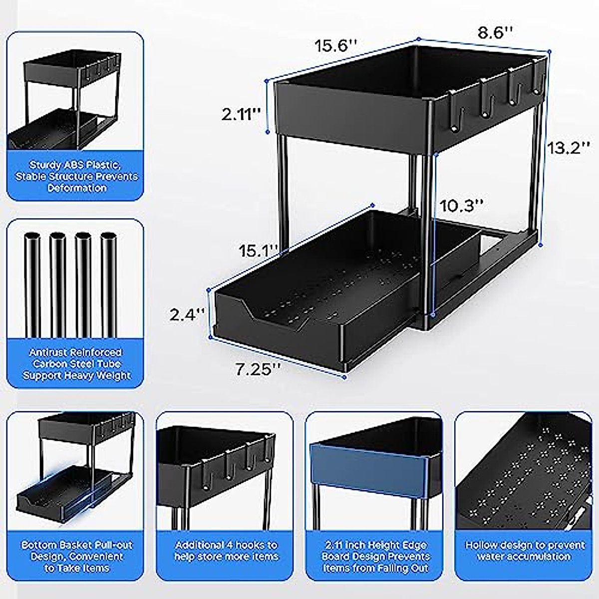 2 Tier Under Sink Organizer, 2 Pack Sliding Bathroom Organizer with Hooks, Hanging Cups, Handles - Multi-purpose Cabinet Organizer for Bathroom Kitchen