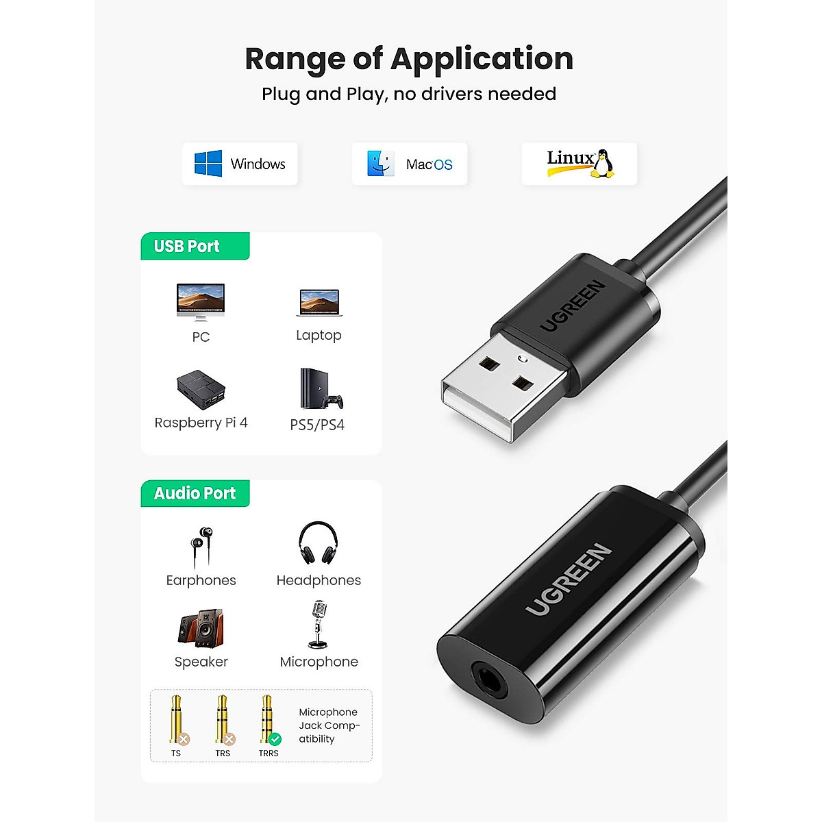 UGREEN USB External Sound Card Audio Adapter with 3.5mm Combo Aux Stereo Converter 24bit/192kHz for Headset Mac PS5 PC Laptop Desktops Windows and Linux Black