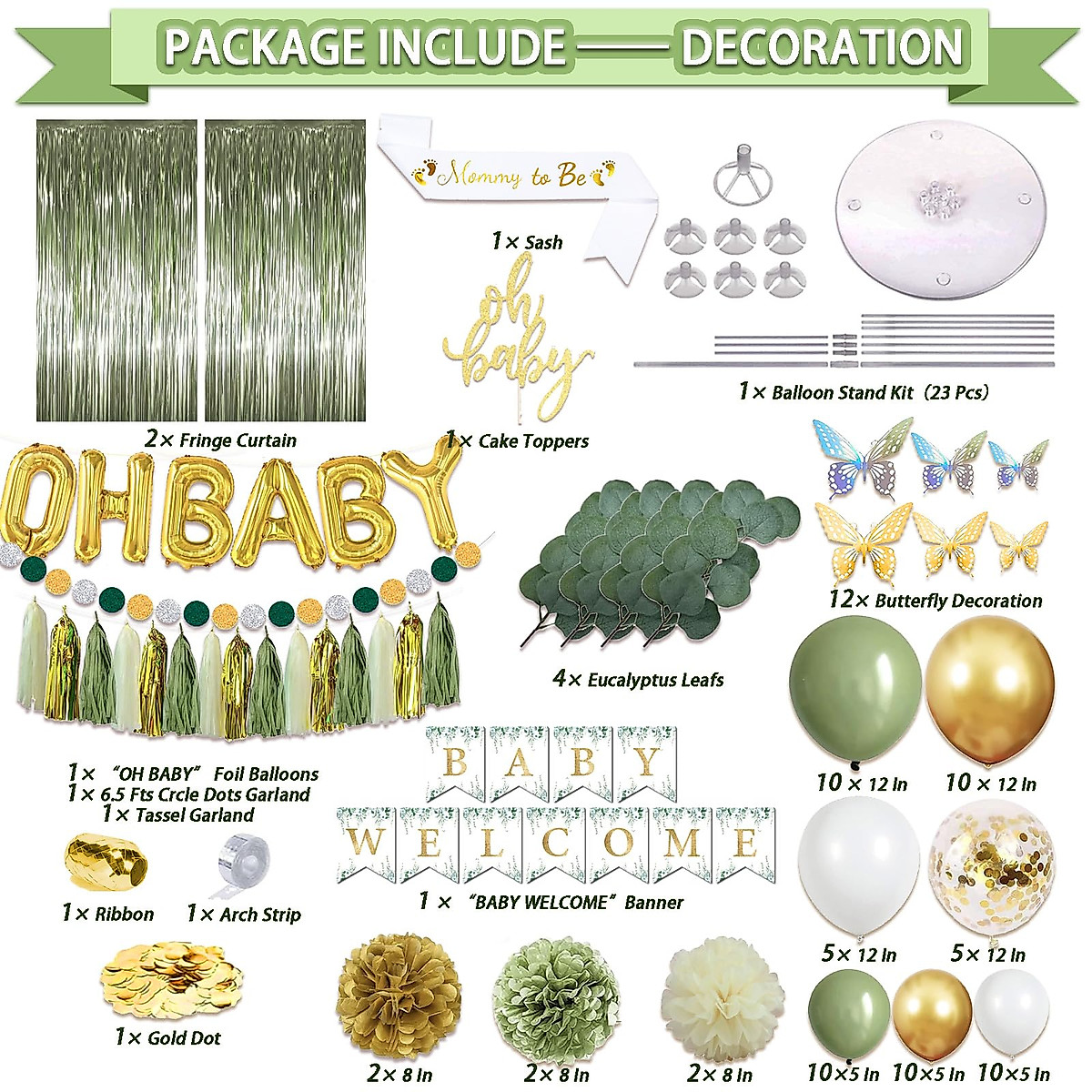 Guudmua 217 Pcs Sage Green Baby Shower Decorations, Neutral Baby Shower Decor Supplies- Disposable Dinnerware Set With Eucalyptus Leaf (25 Guest), "OH BABY" Banner, Balloon, Sash, Cake Topper
