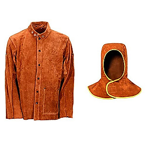QeeLink Leather Welding Work Jacket with Hood Flame-Resistant Heavy Duty Split Cowhide Leather Welder Jackets with Hood for Men & Women, Medium