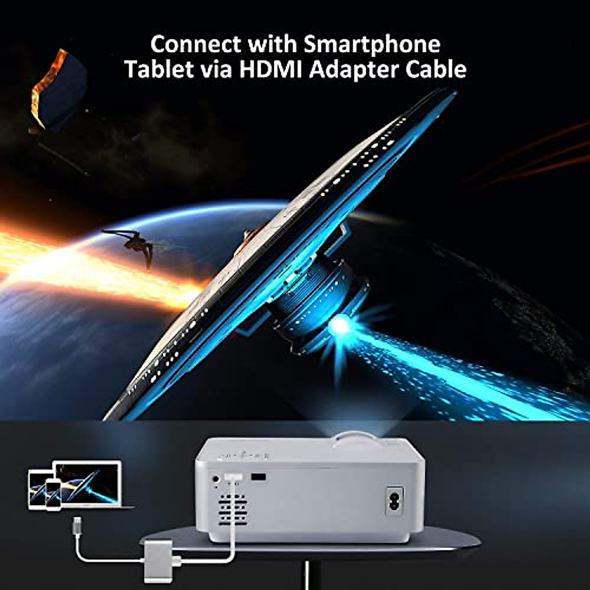 Mini Projector, 7500 Lux 210" Projector 1080P Supported Display with 52000 Hrs Portable LED Movie Projector Compatible with Phone Computer Laptop USB HDMI VGA-Home Office Outdoor Entertainment
