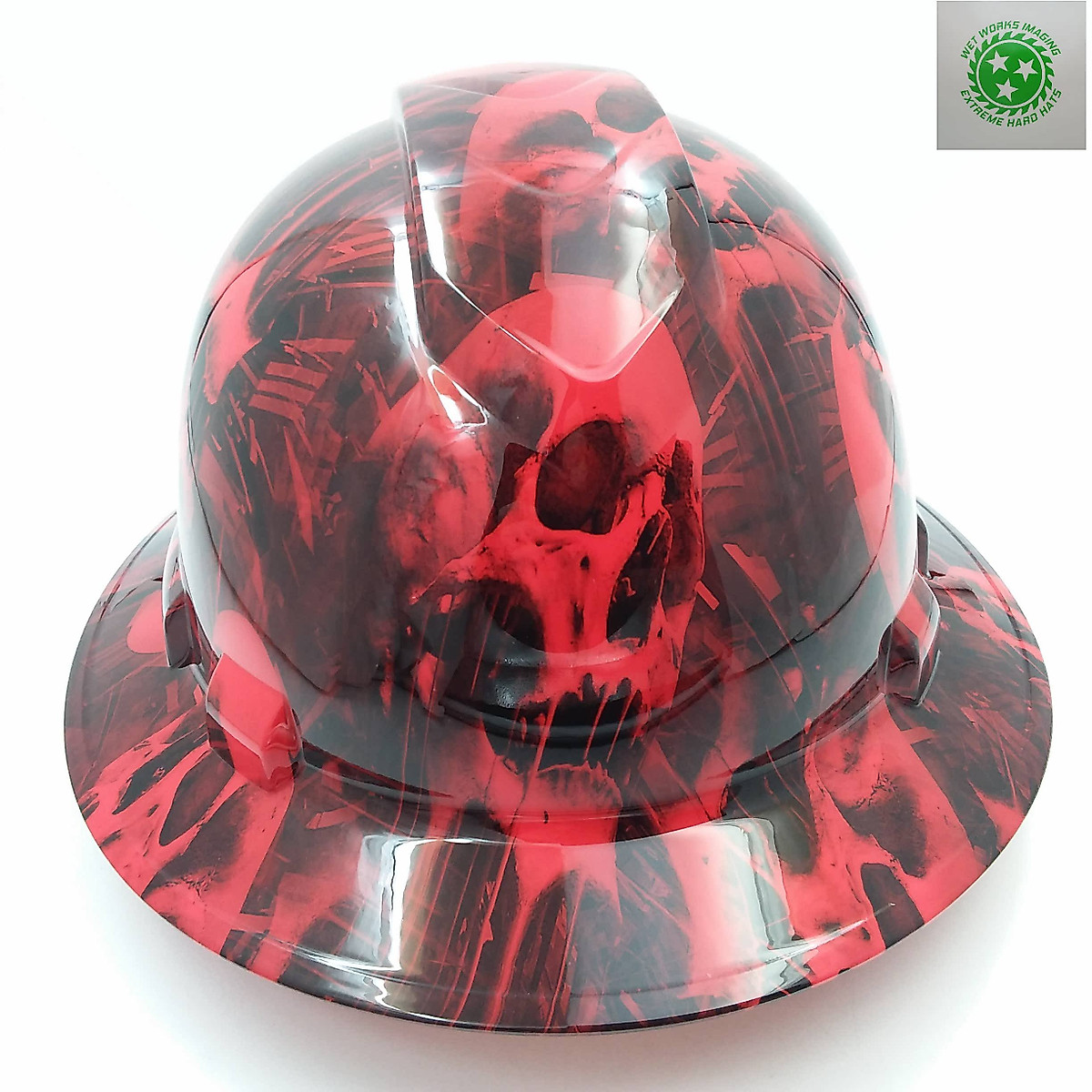 Wet Works Imaging Customized Pyramex Full BRIM RED Evil MELTING SKULL HARD HAT with Ratcheting Suspension