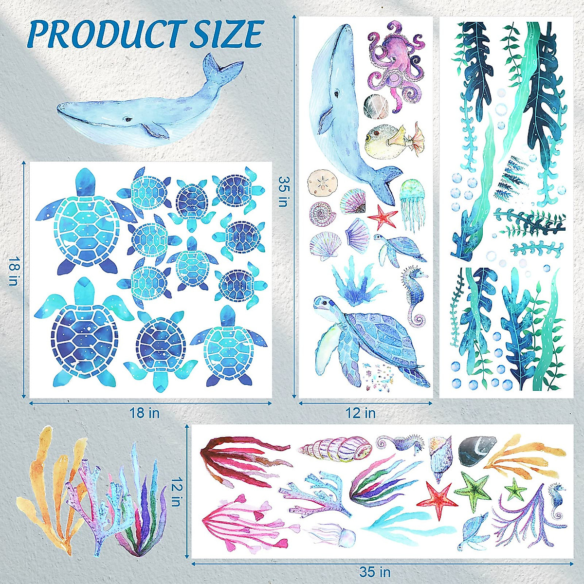 Marspark Under the Sea Wall Decals 3 Sheets Sea Turtle Wall Stickers Ocean Animal Wall Art Decals Underwater Ocean Grass Colorful Seaweed Decals Bubbles Vinyl Wall Sticker for Bedroom Living Room Home
