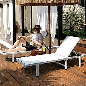 Aluminum Chaise Lounge Chair Outdoor, Patio Lounge Chair with Adjustable 5-Position Recliner and Full Flat Tanning Chair for Patio, Beach, Pool, White