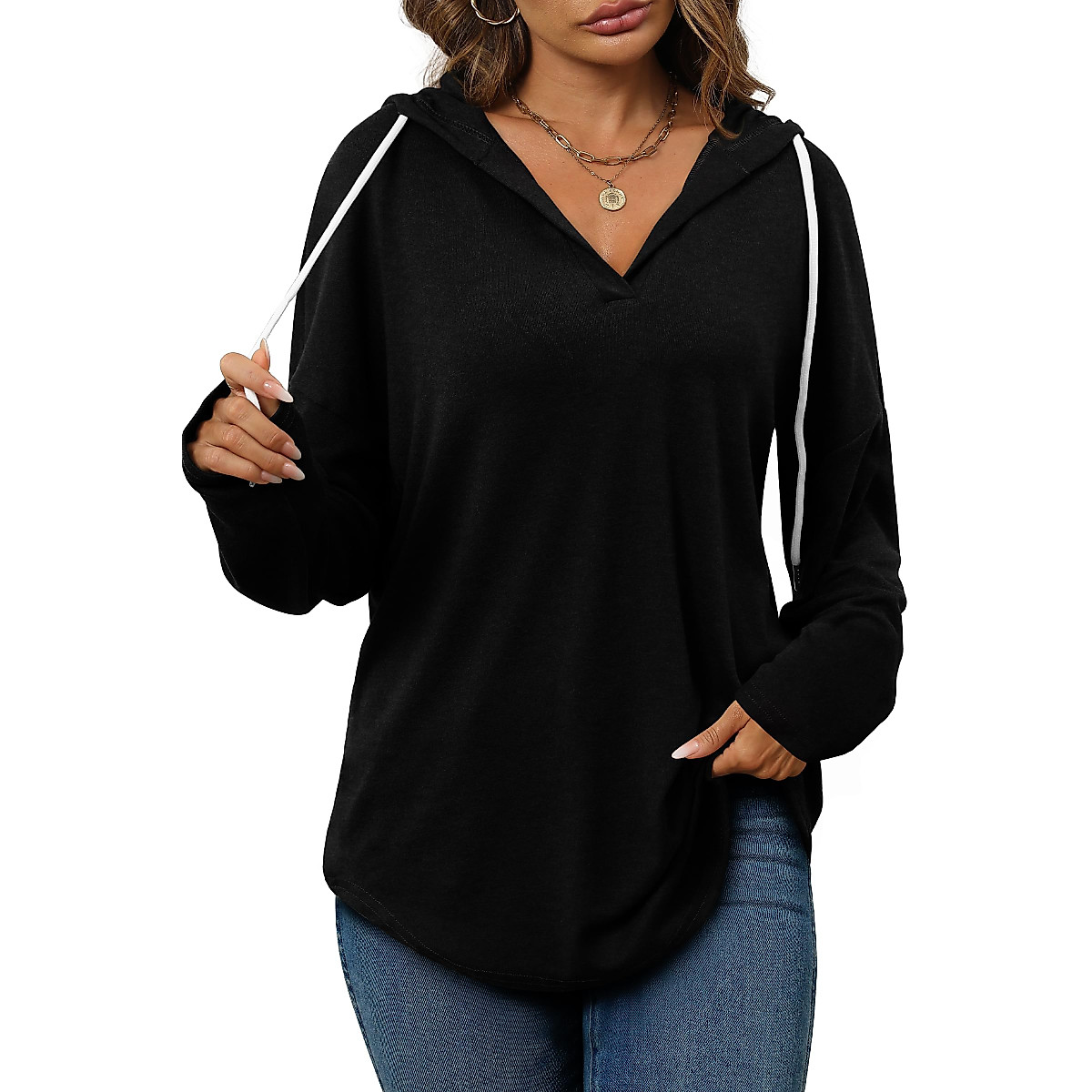 Hooded Sweatshirt Women Casual Oversized Long Sleeve Shirts V Neck Sweaters Loose Fit Lightweight Fall Outfits Black M