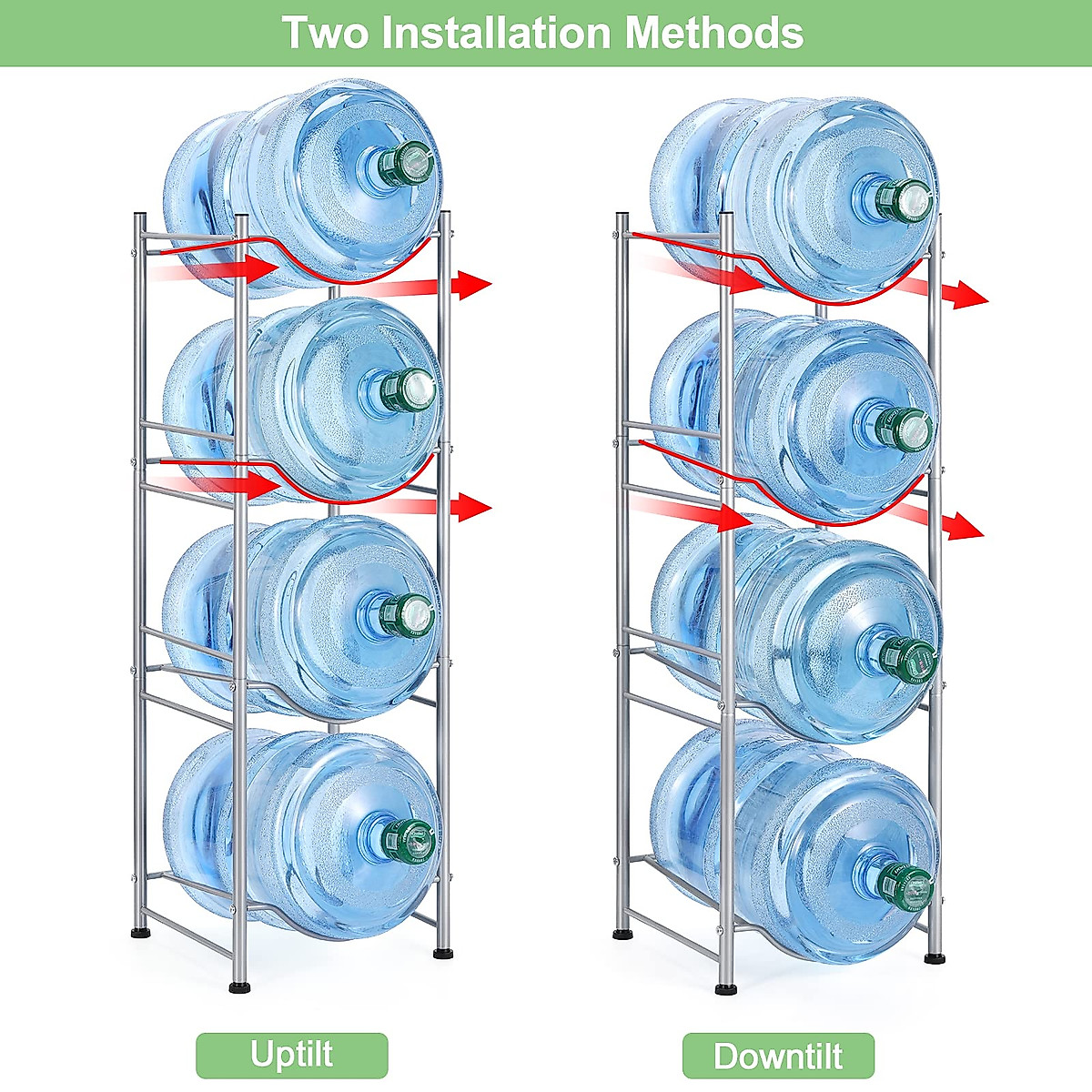 5 Gallon Water Jug Holder Water Bottle Storage Rack, 4 Tier Water Cooler Jug Holder Rack Detachable Water Dispenser Stand for Home Kitchen Office, Silver