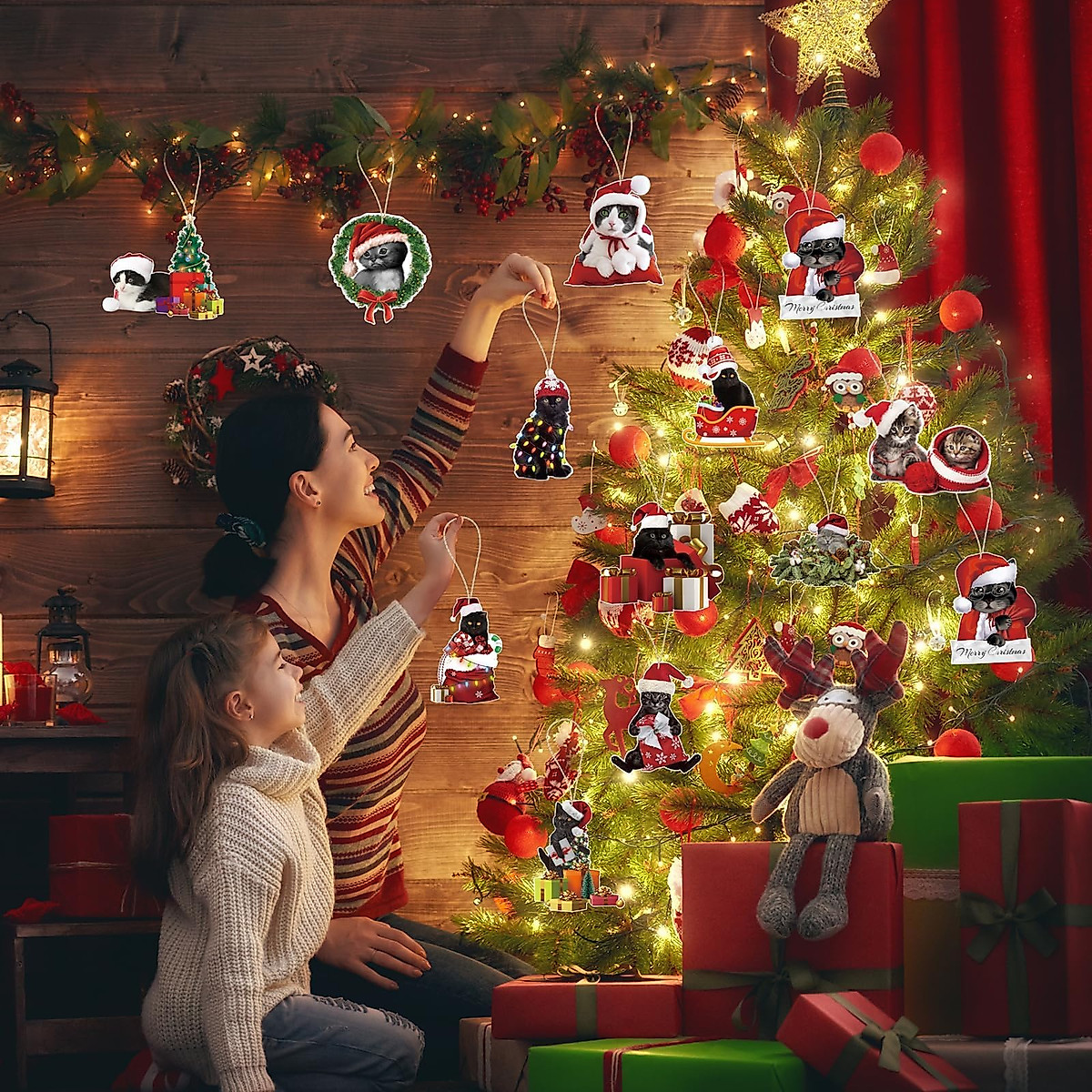 36 Pcs Black Cat Christmas Ornament for Tree Christmas Tree Ornaments Black Cat Decor Christmas Cat Wood Gift for Cat Lovers Women Men Xmas Car Hanging Ornaments