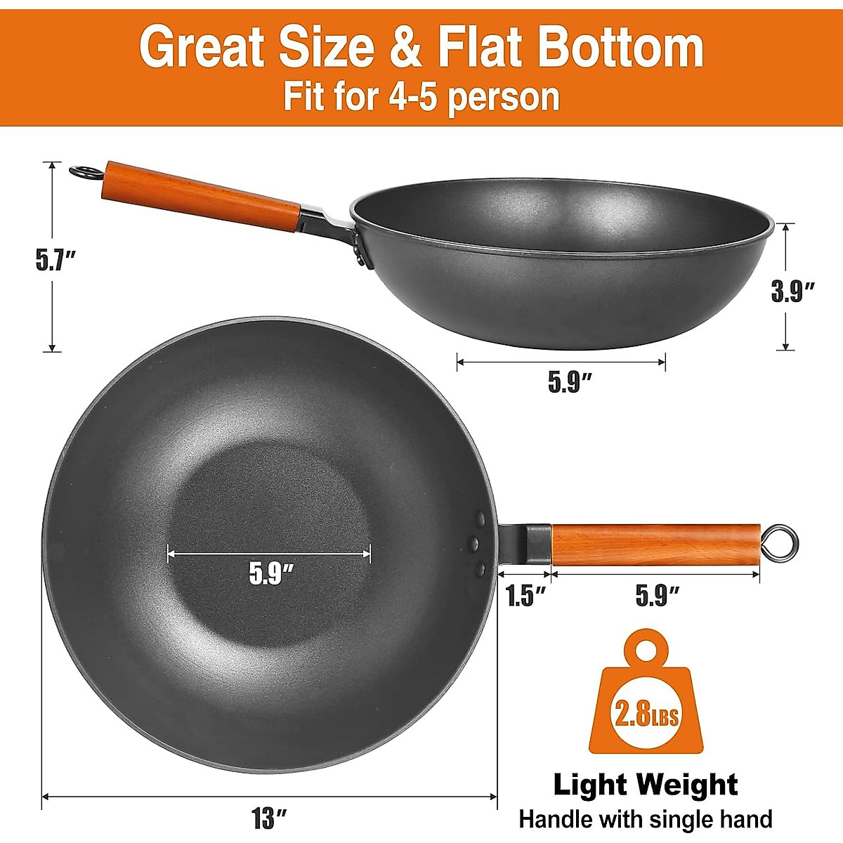 Anyfish Wok Pan with Lid, 13inch Nonstick Wok with Silicone Spatula, Woks & Stir Fry Pans and Carbon Steel Woks, No Chemical Coated Flat Bottom Chinese Wok For Induction, Electric, Gas, All Stove
