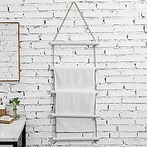 MyGift Whitewashed Solid Wood Wall Hanging Towel Holder Ladder with 5 Rungs and Rustic Rope, Bathroom Organizer Drying Hand Towel Rack