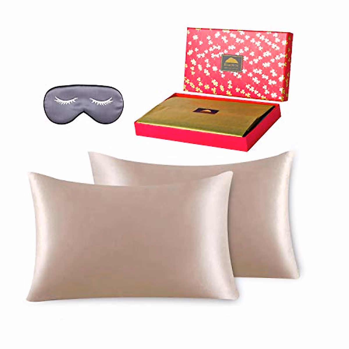 BlueHills Luxury Silk Pillowcase Gift Set - 100% Pure Mulberry Natural Soft Both Sides Silk Pillowcase 2 Pack for Hair and Skin & 1 Pure Silk Eye Mask Gift Box 3 Piece Set Light Bronze King Size K015