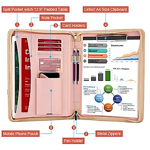 Darolin Zippered Leather Padfolio Portfolio with Hidden Handle and Clipboard, Business Conference Organizer Notepad Folder, Portfolio Bag, Padfolio for Women/Men (Rosegold)
