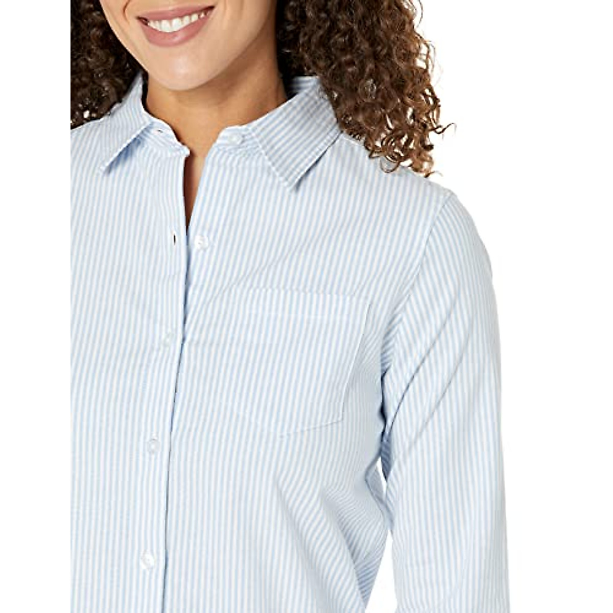 Amazon Essentials Women's Long Sleeve Button Down Stretch Oxford Shirt (Available in Plus Size), Blue/White/Stripe, Large