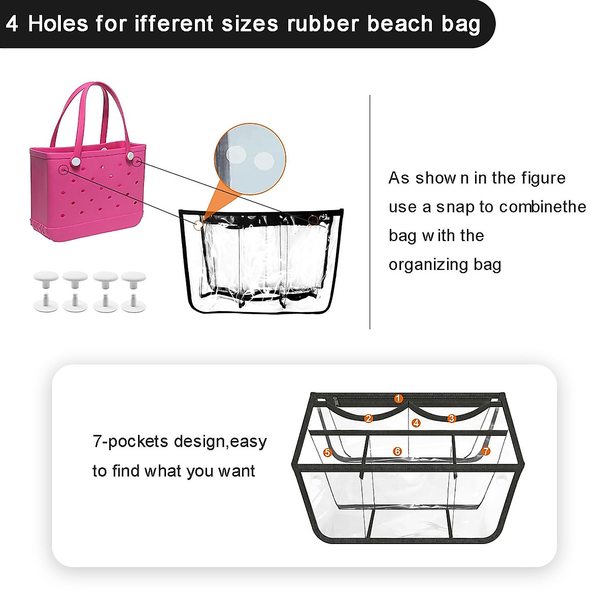 Everfunny Clear Waterproof Organizer Bag with 2 Hooks for Bogg Bag, Insert Pouch for Organizing Divide Space