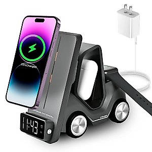 Diecallan 5 in 1 Wireless Charging Station 20W Adapter Fast Wireless Charging Apple Devices for iPhone 15/14/13/12 Series for AirPods Pro/3/2,for Apple Watch/iWatch Support Alarm Clock Light（Grey）