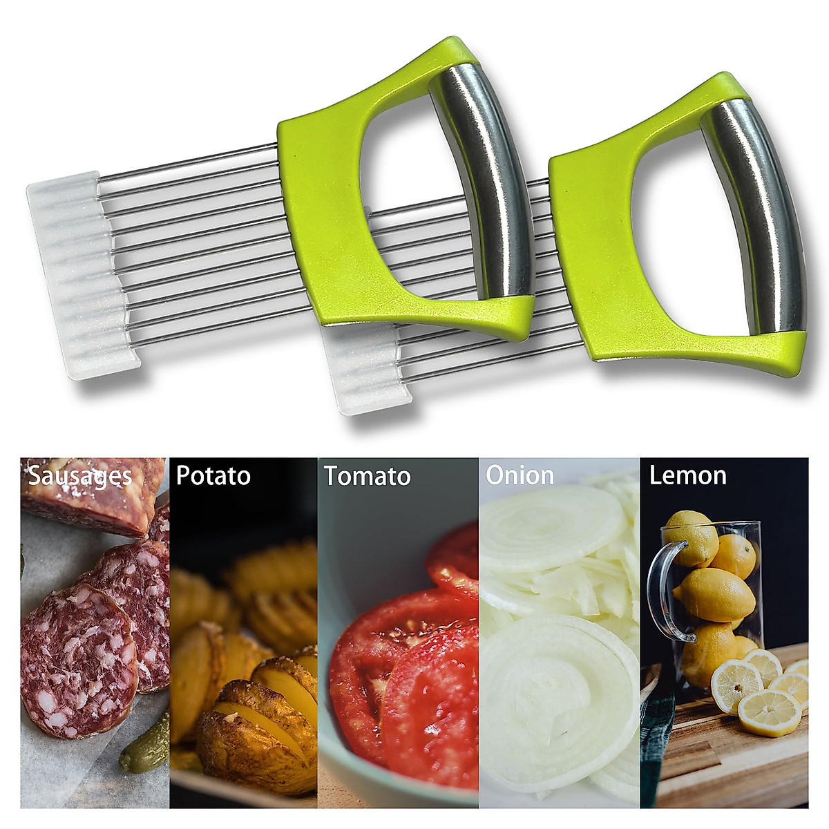 2 PACK Stainless Steel Onion Slicer, Potato Cutter, Lemon, Apple, Tomato, Egg, Meat Slicer/Holder/Chopper, Suitable for Slicing Vegetable, Stainless Steel Cutting Kitchen Gadget/Assistant, Green