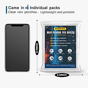 Airpler Disposable Rain Ponchos for Family Adults 4 Pack (Clear) - Emergency Rain Ponchos for Women and Men with Drawstring Hood