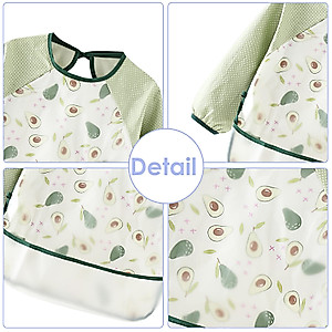 SUPTMAX 3 Pack Long Sleeve Bibs, Waterproof Baby Feeding Bib (gray-blue, gray, avocado)