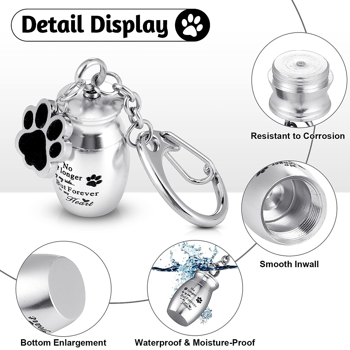Tudomro Cylinder Cremation Dog Ashes Keepsake Urn Keychain Memorial Ashes Stainless Steel Pet Puppy Dog Paw Charm with Storage Bag(Silver)