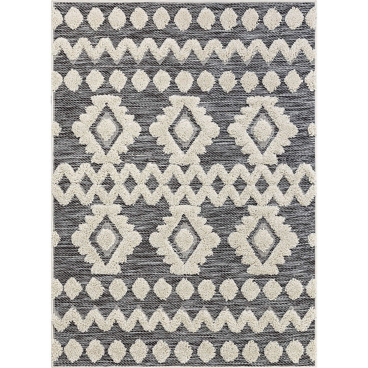Well Woven Cenar Grey Flat-Weave Hi-Low Pile Diamond Medallion Stripes Moroccan Tribal 5'3" x 7'3" Area Rug